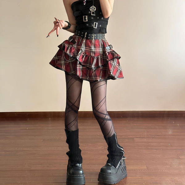 Layered & Ruffled Tartan Red Plaid Goth Skirt | Kawaii Babe