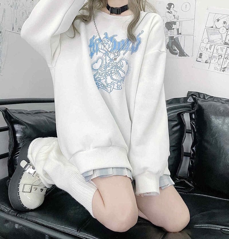 White and Blue Bad Girl Anime Sweater Hoodie | Kawaii Babe