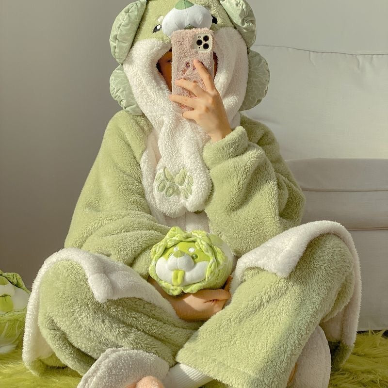 Kawaii Soft Plush Green Cabbage Shiba Inu Pajama Set | Kawaii Babe