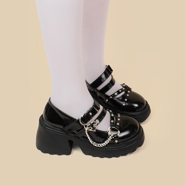 Gloss Black Goth Chained Up Mary Janes Platform Shoes | Kawaii Babe