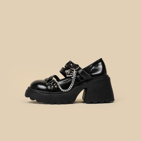 Gloss Black Goth Chained Up Mary Janes Platform Shoes | Kawaii Babe