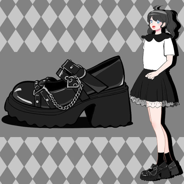 Gloss Black Goth Chained Up Mary Janes Platform Shoes | Kawaii Babe