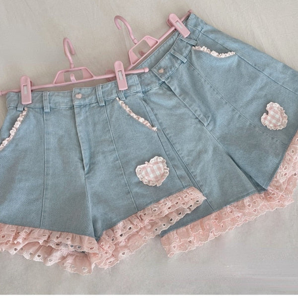 Denim & Pink Lace Ruffled Heart Shorts | Kawaii Babe