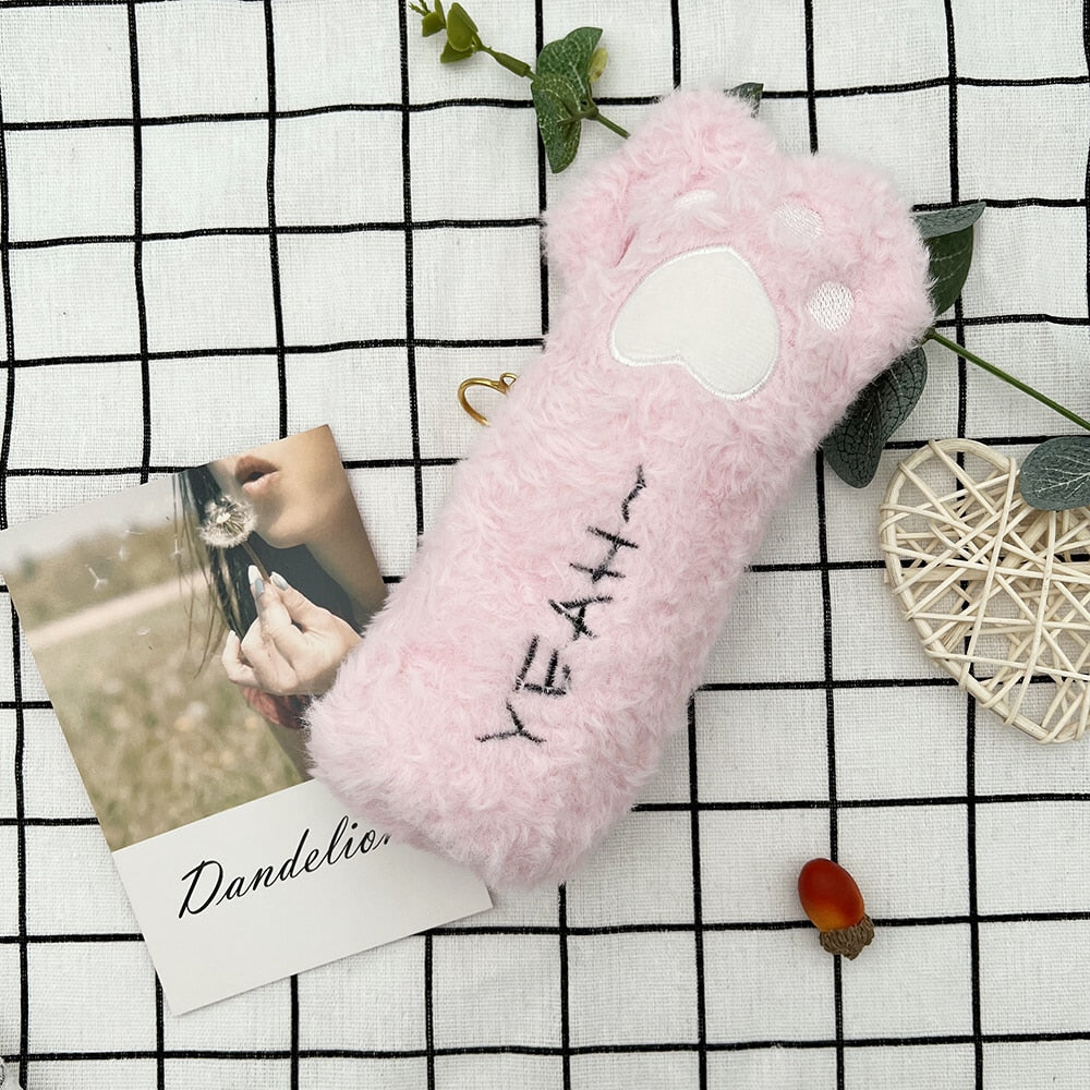 Soft Fuzzy Pink Brown Kitten Cat Paw Pencil Case | Kawaii Babe