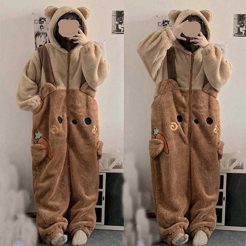 Brown Fuzzy Carrot Bear Overalls Pajama Hoodie Set | Kawaii Babe