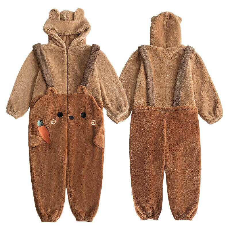 Brown Fuzzy Carrot Bear Overalls Pajama Hoodie Set | Kawaii Babe