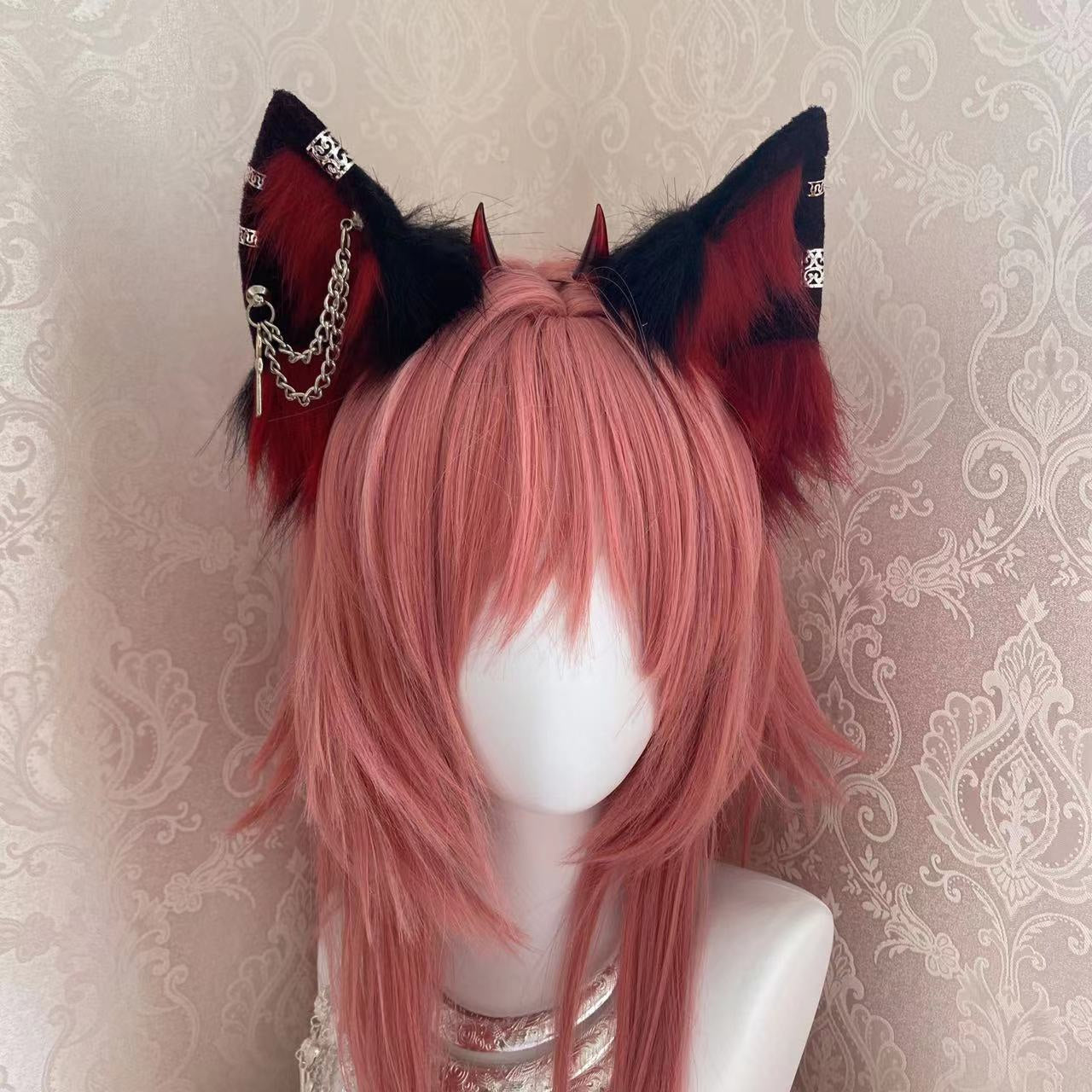 Fuzzy Goth Red Black Cosplay Kitsune Fox Ears With Chains – Kawaii Babe