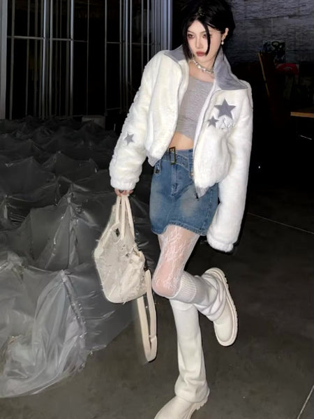 Grey & White Ultra Fuzzy Star Zip Up Jacket Coat – Kawaii Babe