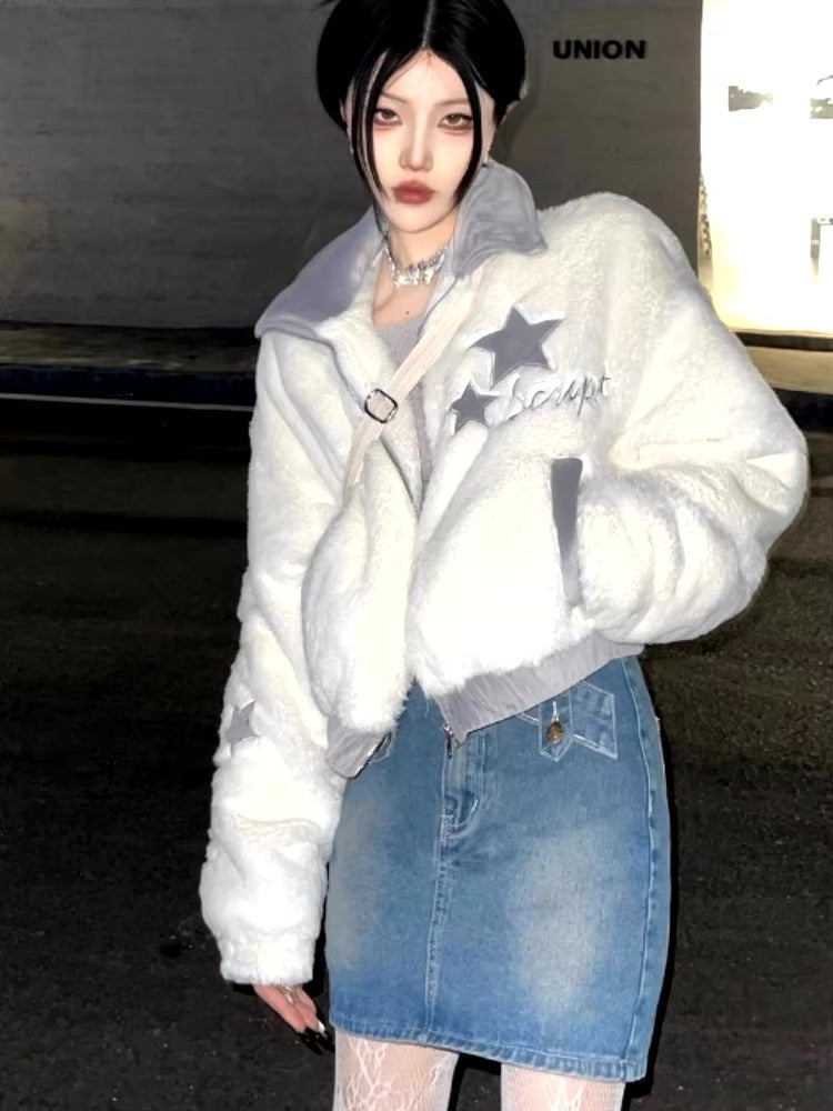 Grey & White Ultra Fuzzy Star Zip Up Jacket Coat – Kawaii Babe