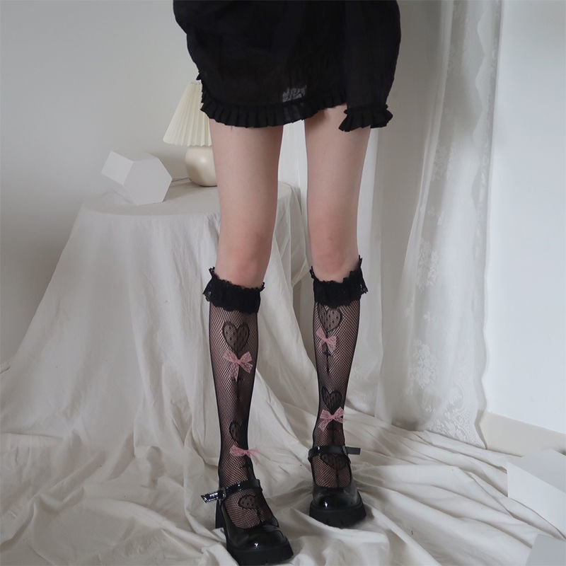 Lace Heart & Ribbon Stockings Lolita Socks Fishnets Kawaii Babe