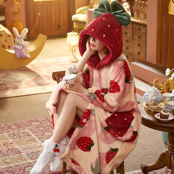 Oversized Fuzzy Strawberry Nightgown Robe | Kawaii Babe