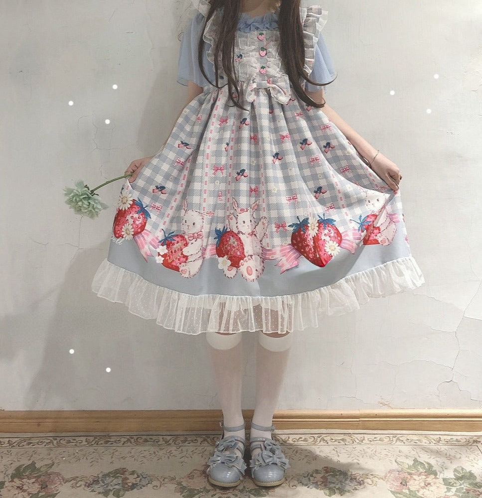 Plaid Strawberry Bunny Princess Lolita Kawaii Dress | Kawaii Babe