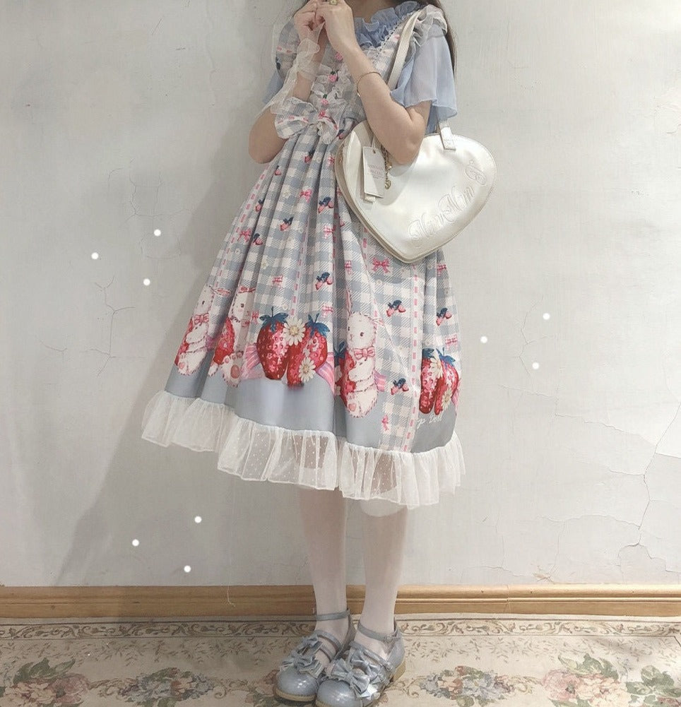 Plaid Strawberry Bunny Princess Lolita Kawaii Dress | Kawaii Babe