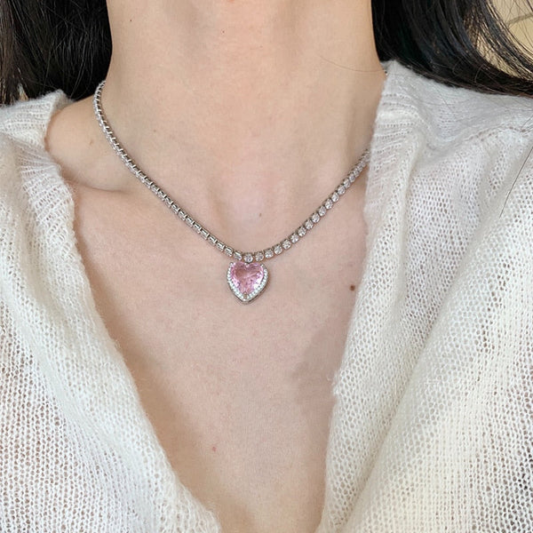 Shimmering Jeweled Rhinestone Pink Heart Necklace Chain | Kawaii Babe
