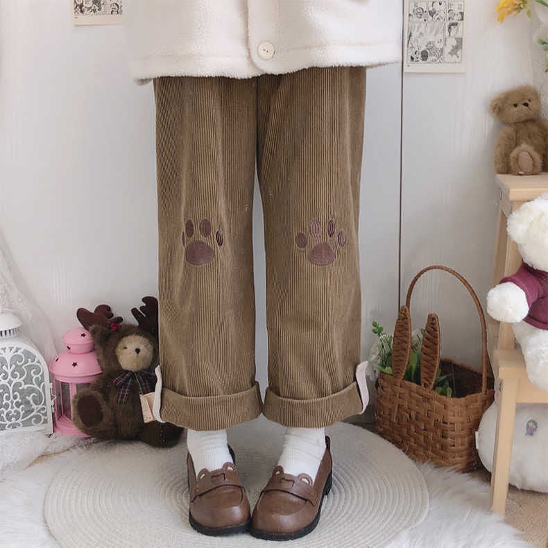 Puppy Paw Print Brown & Cream Corduroy Pants | Kawaii Babe