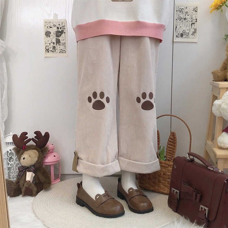 Puppy Paw Print Brown & Cream Corduroy Pants | Kawaii Babe
