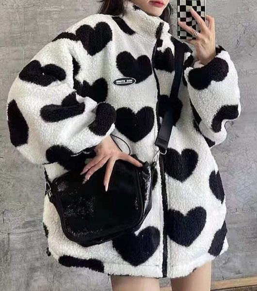 Plush Reversible Lovecore Hearts Jacket Outerwear | Kawaii Babe