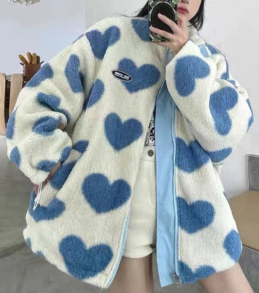 Plush Reversible Lovecore Hearts Jacket Outerwear | Kawaii Babe
