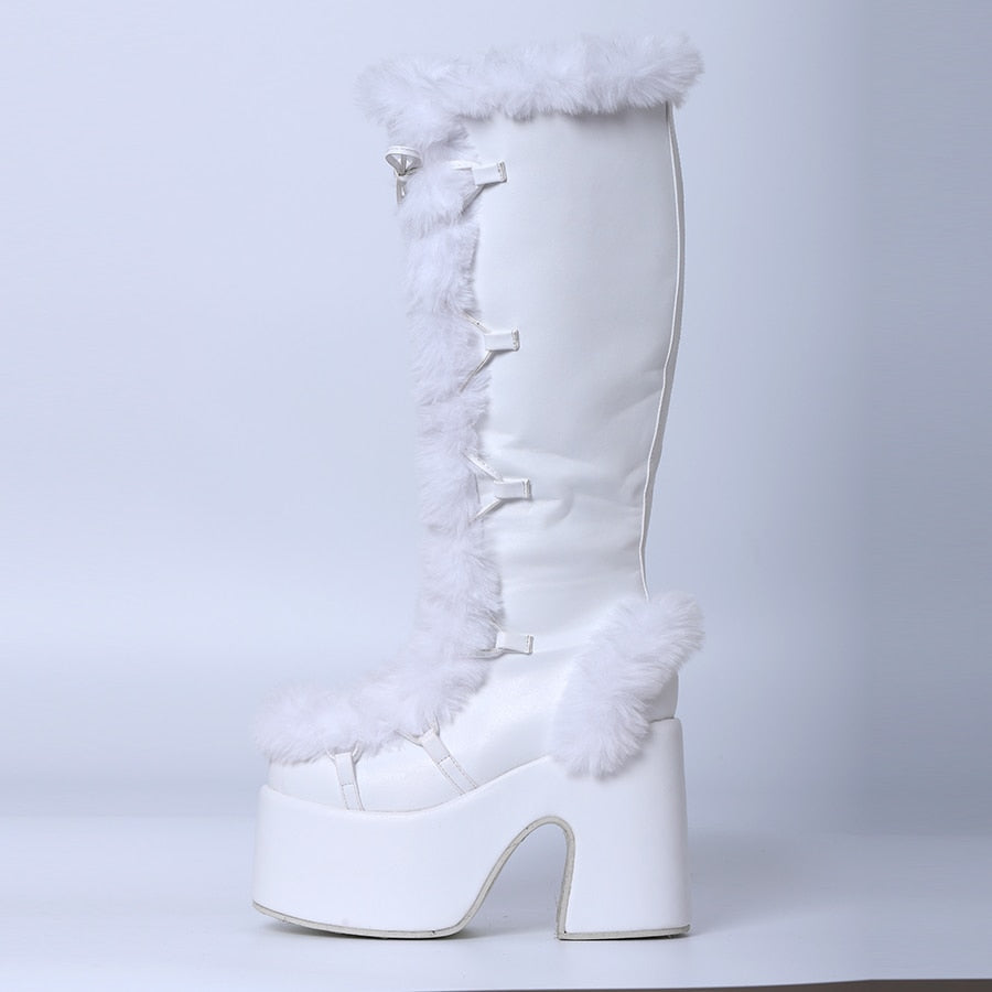 White Pink Brown Lace-up Snowbunny Fur Platform Boots | Kawaii Babe