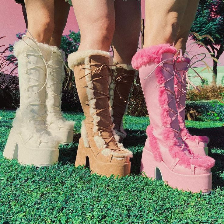 White Pink Brown Lace-up Snowbunny Fur Platform Boots | Kawaii Babe