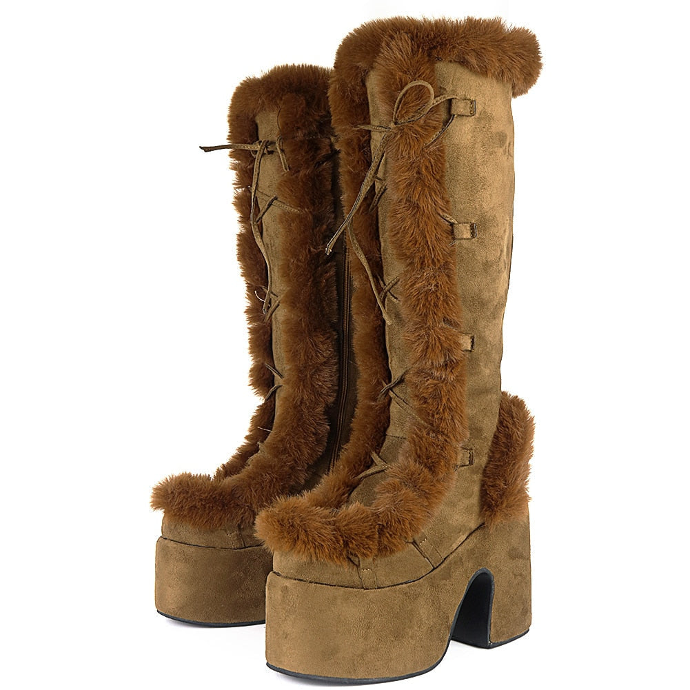 White Pink Brown Lace-up Snowbunny Fur Platform Boots | Kawaii Babe