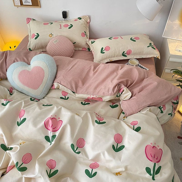Spring Floral Bedding Sets Hearts Tulips Roses Plaid | Kawaii Babe