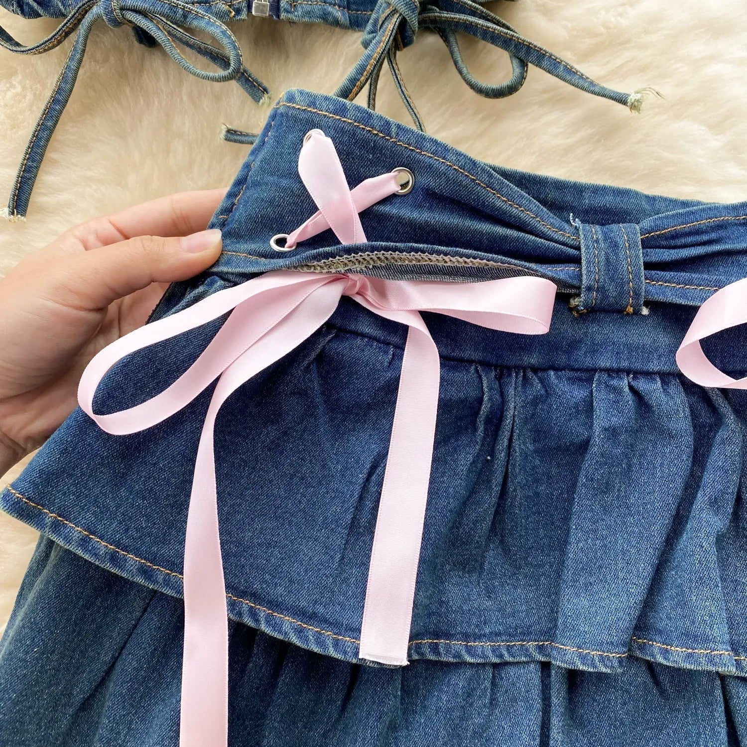 Tiny Denim Dancer Mini Skirt Corset Outfit Set | Kawaii Babe