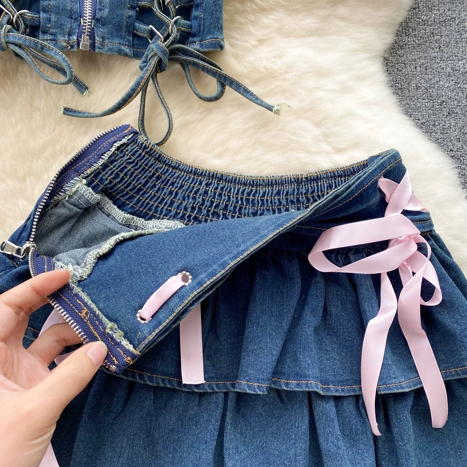 Tiny Denim Dancer Mini Skirt Corset Outfit Set | Kawaii Babe