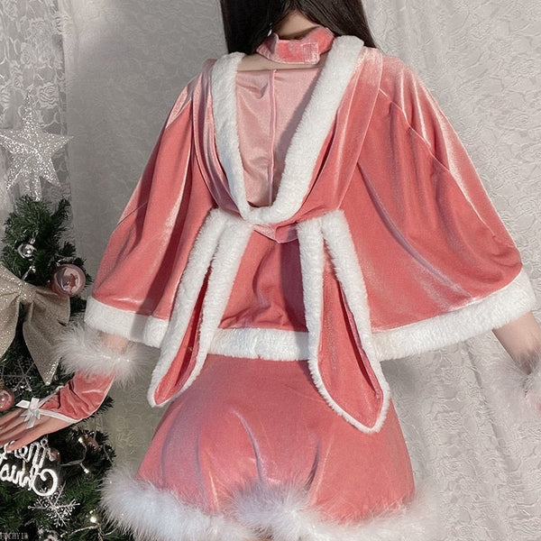 Hooded Pink Christmas Bunny Set Lolita Cosplay Santa Kawaii Babe