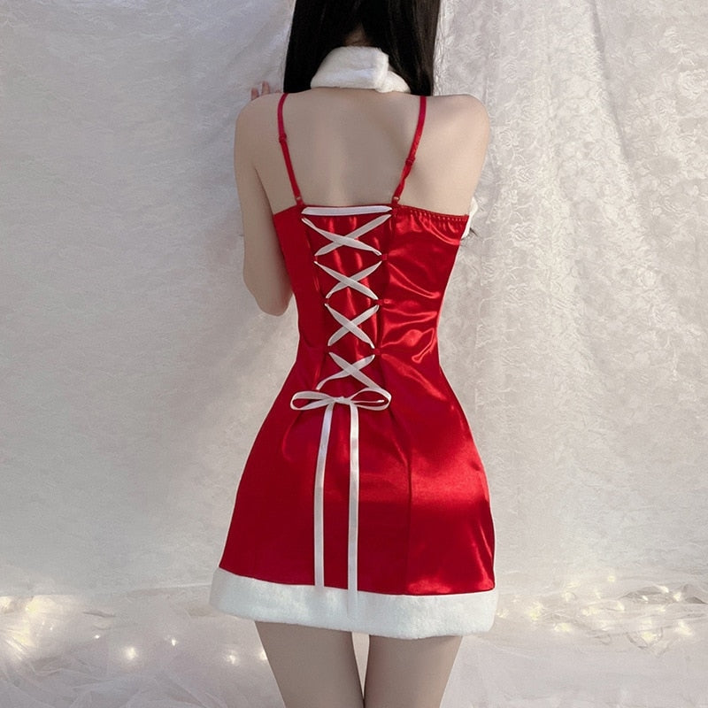 Satin Red Santa Holiday Christmas Slip Dress Costume Kawaii Babe