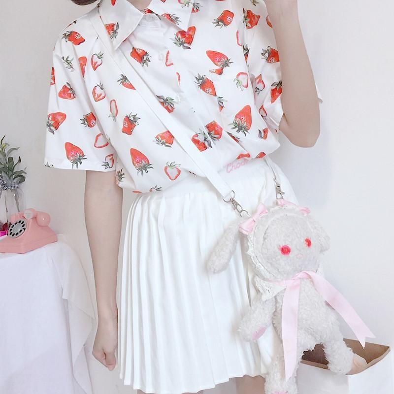 White Strawberry Sweetie Button Up Blouse Shirt | Kawaii Babe