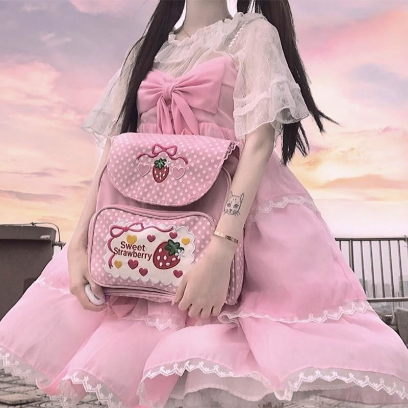 Sweet Strawberry Pink Backpack Book Bag Kawaii Cute | Kawaii Babe